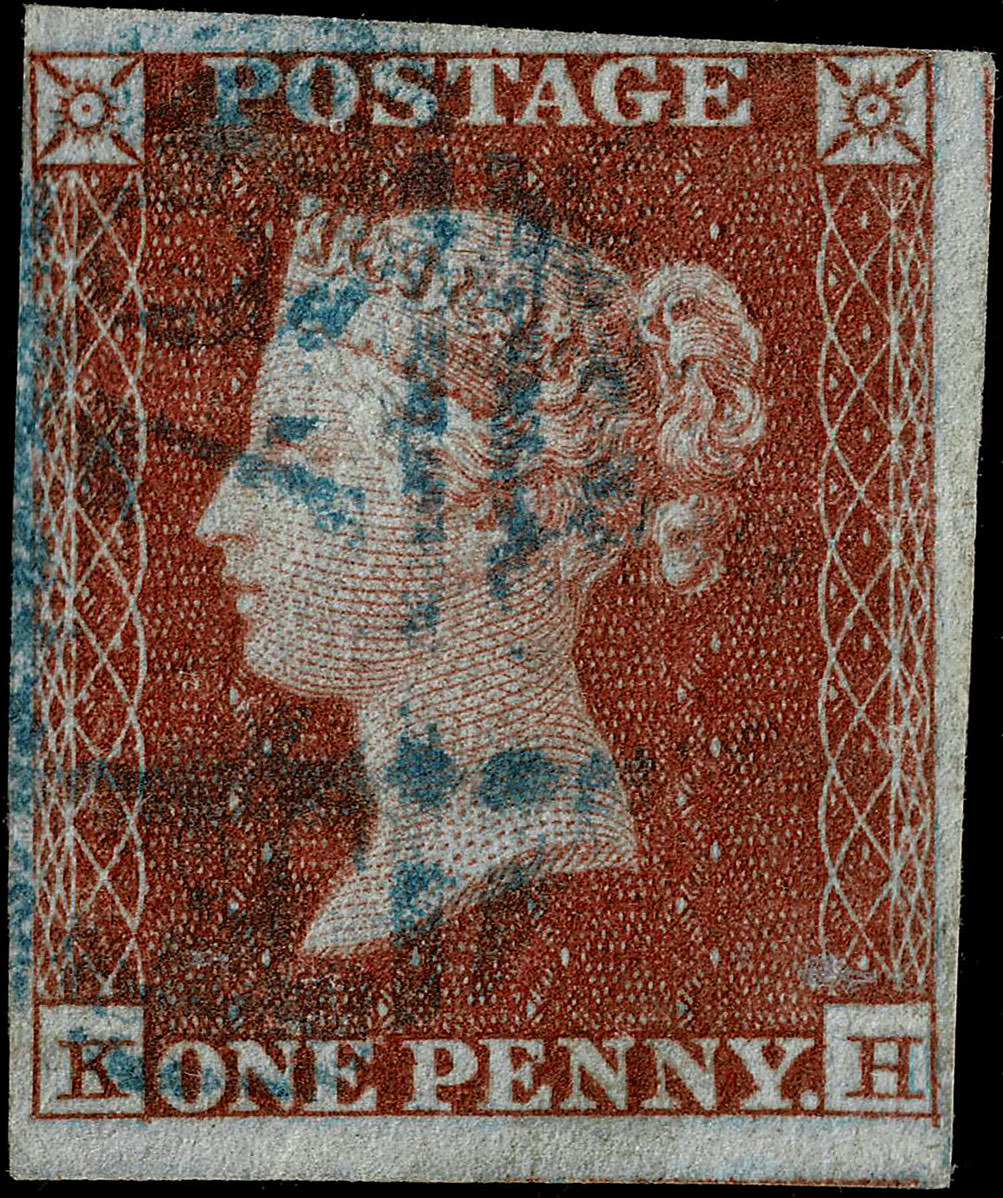 1841 Penny Red (B1) - KH, 4 Margins - 479 Ludlow Cancel in BLUE Ink AND ...