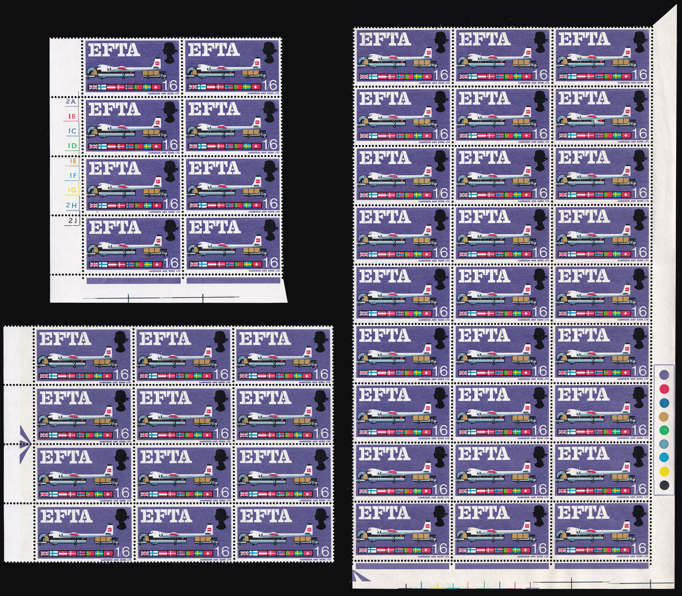 1967 EFTA 1/6d - three blocks containing all SG Listed Flaws - W112g ...